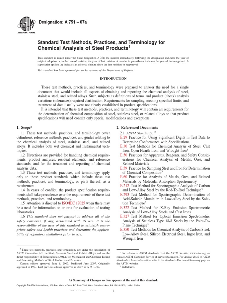 ASTM A 751 - 07a | PDF | Steel | Analytical Chemistry