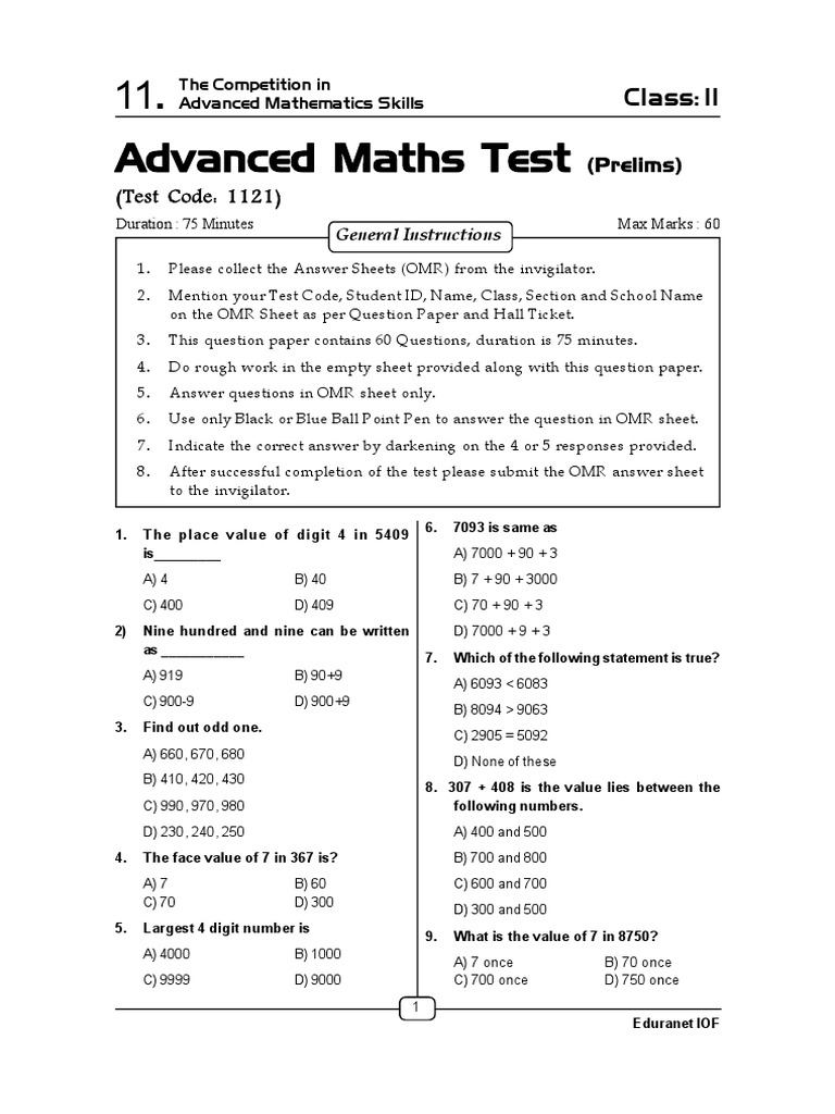 Advanced Maths Test: Class: II | Download Free PDF | Teaching ...