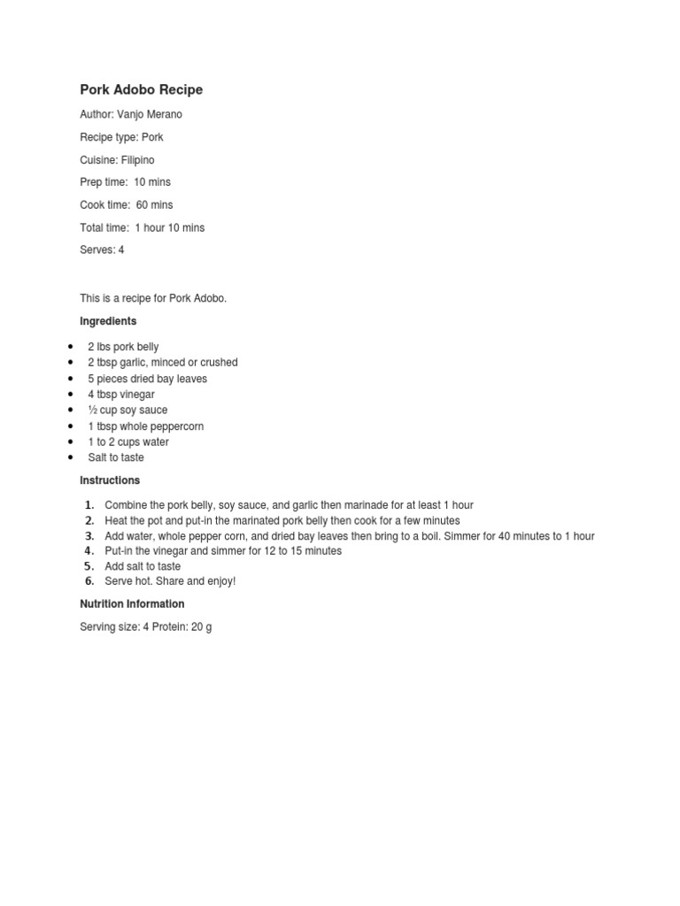 Filipino Pork Adobo Recipe by Vanjo Merano | PDF