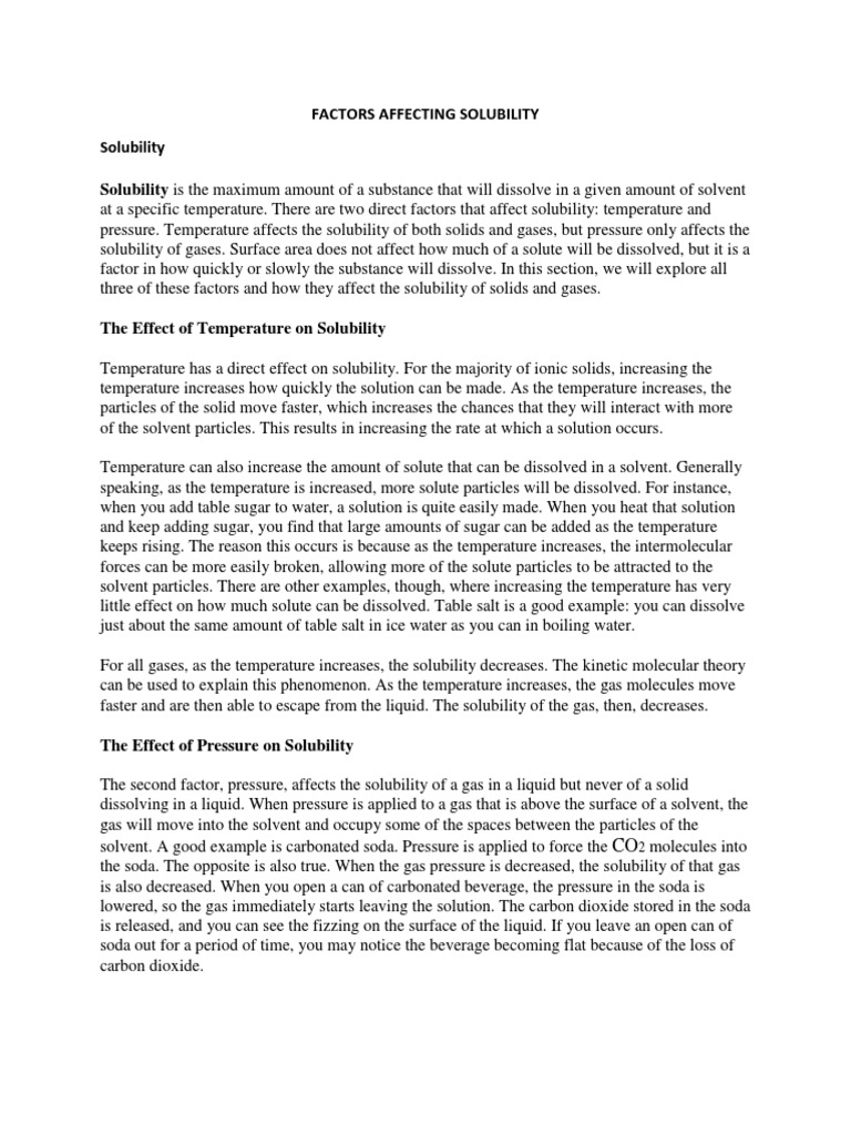 Factors Affecting Solubility | PDF | Solubility | Solution