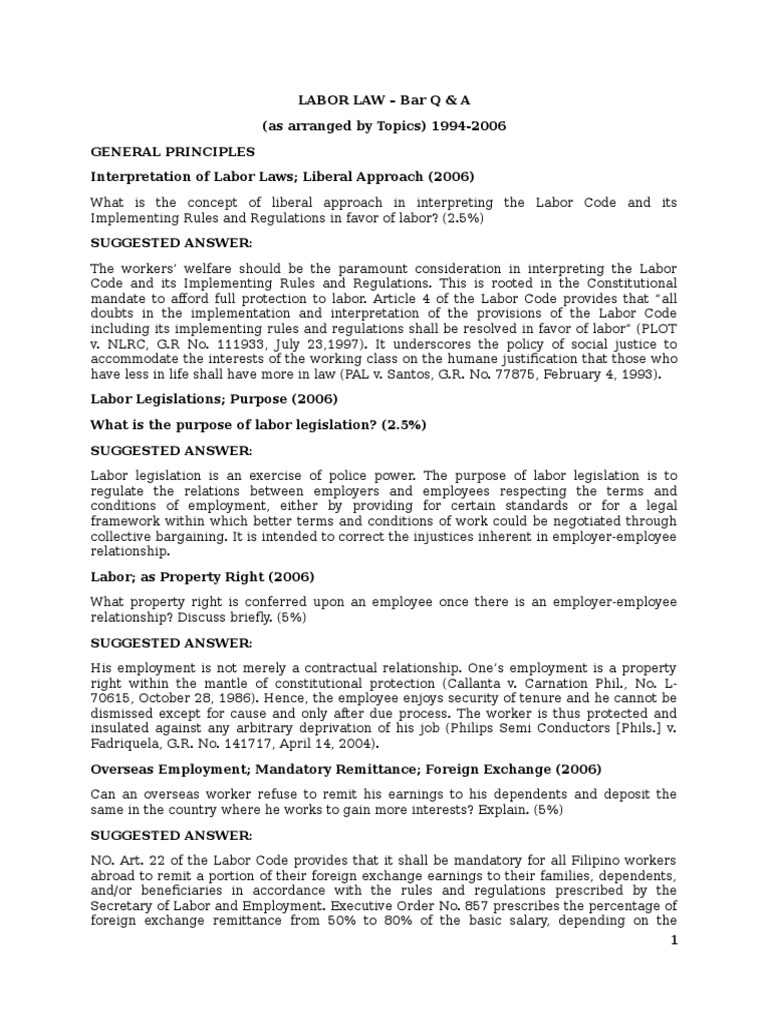 1 LABOR LAW General Principles Organized Bar Q's | PDF | United States ...