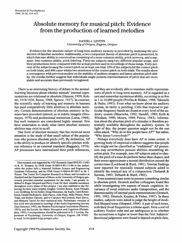 Levitin Effect Perfect Relative Pitch | PDF | Pitch (Music) | Singing