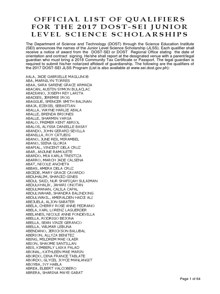 Official List of Qualifiers For The 2017 Dost-Sei Junior Level Science ...