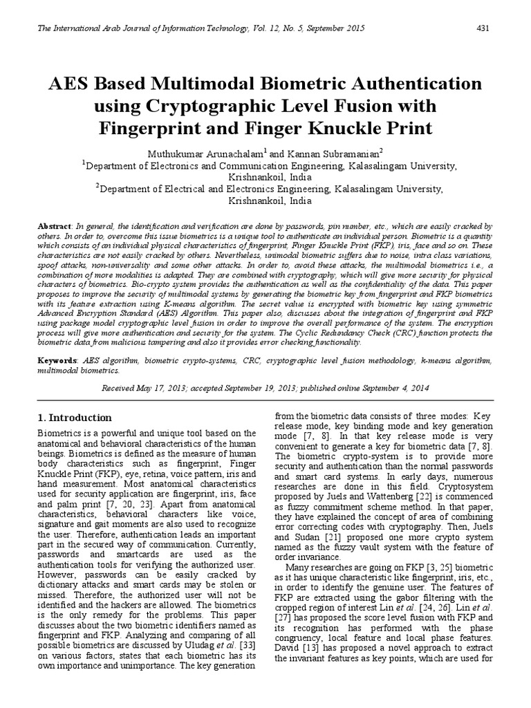 AES Based Multimodal Biometric Authentication Using Cryptographic Level Fusion With Fingerprint ...