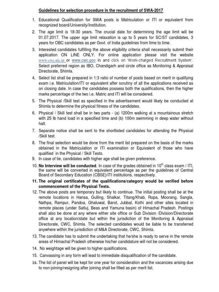 WWW - Cwc.nic - in WWW - Cwc.gov: Guidelines For Selection Procedure in ...