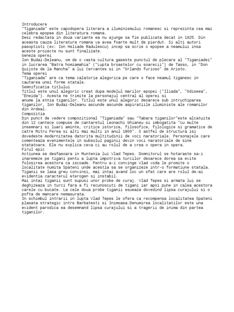 Ion Budai Deleanu Tiganiada Rezumat | PDF