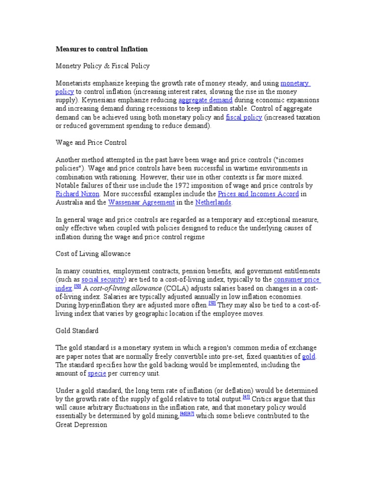 Measures To Control Inflation | PDF | Inflation | Monetary Policy