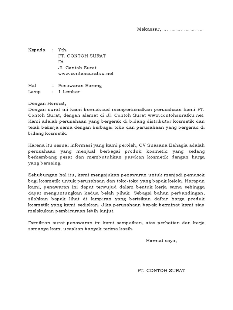 1 Contoh Surat Penawaran Yang Baik, Benar Dan Bersifat Resmi Dalam Bentuk MS Word | PDF