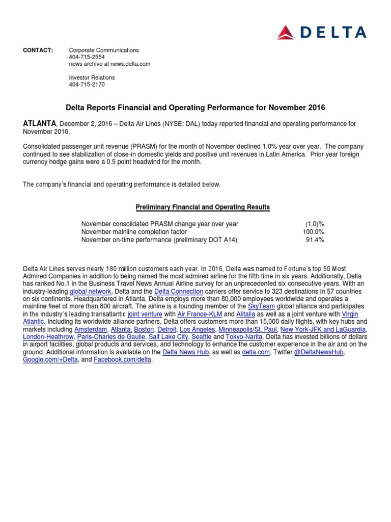 Delta Reports Financial and Operating Performance For Nov 2016 | PDF ...