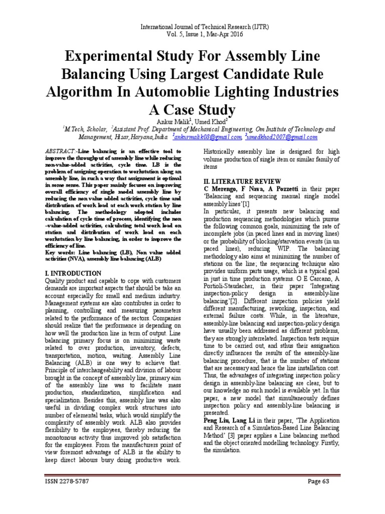 Experimental Study For Assembly Line Balancing Using Largest Candidate Rule Algorithm in ...