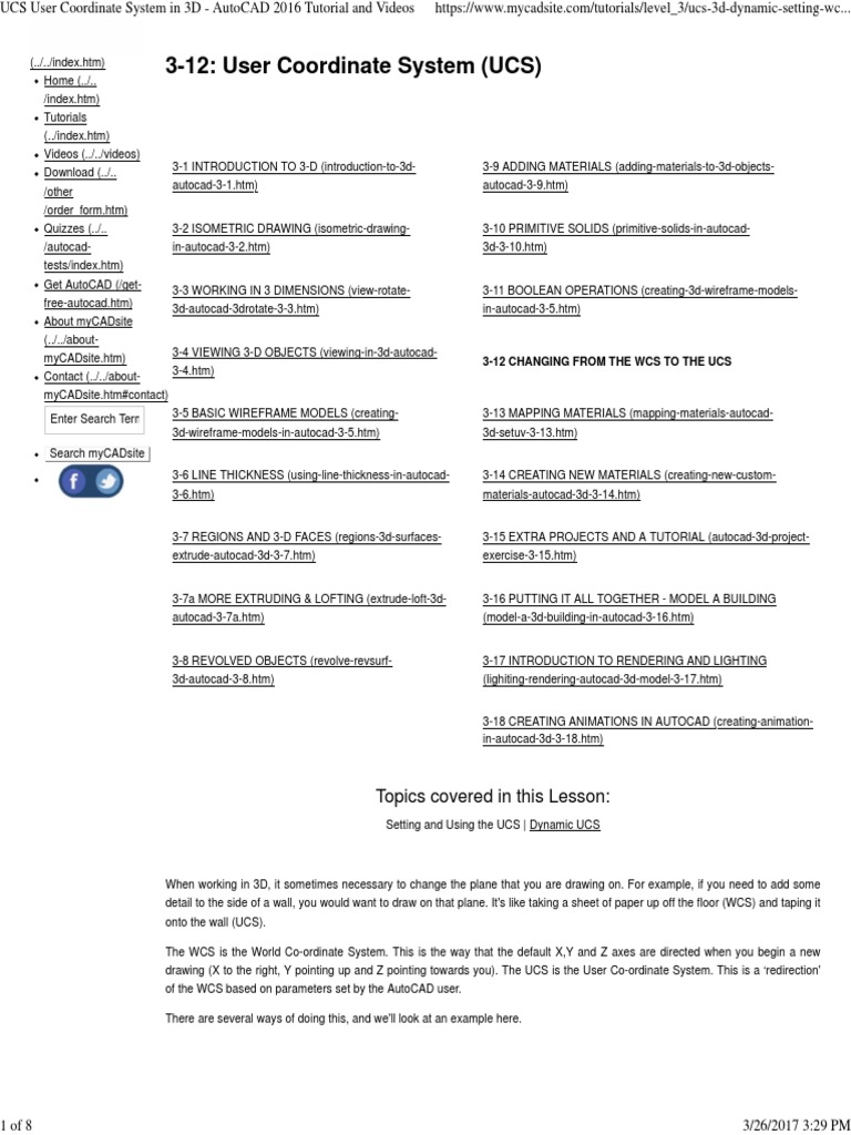 Ucs User Coordinate System In 3d Autocad 2016 Tutorial And Videos Pdf Cartesian Coordinate