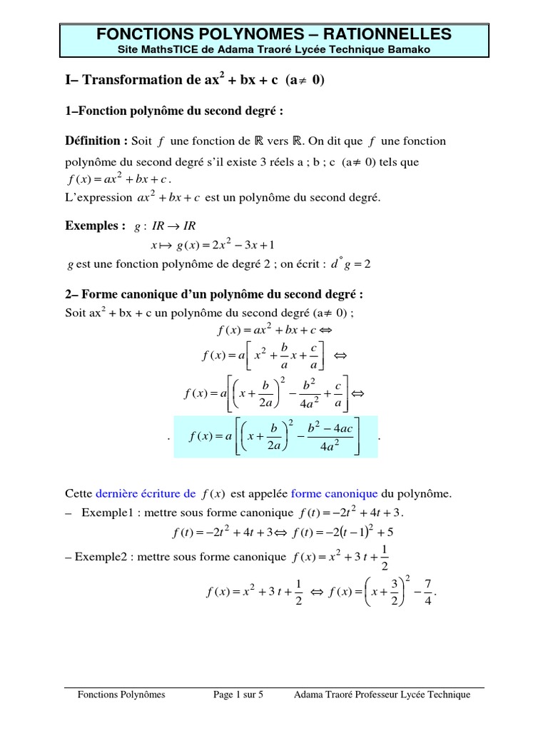 Forme canonique des polynômes du second degré | PDF | Division | Nombre ...