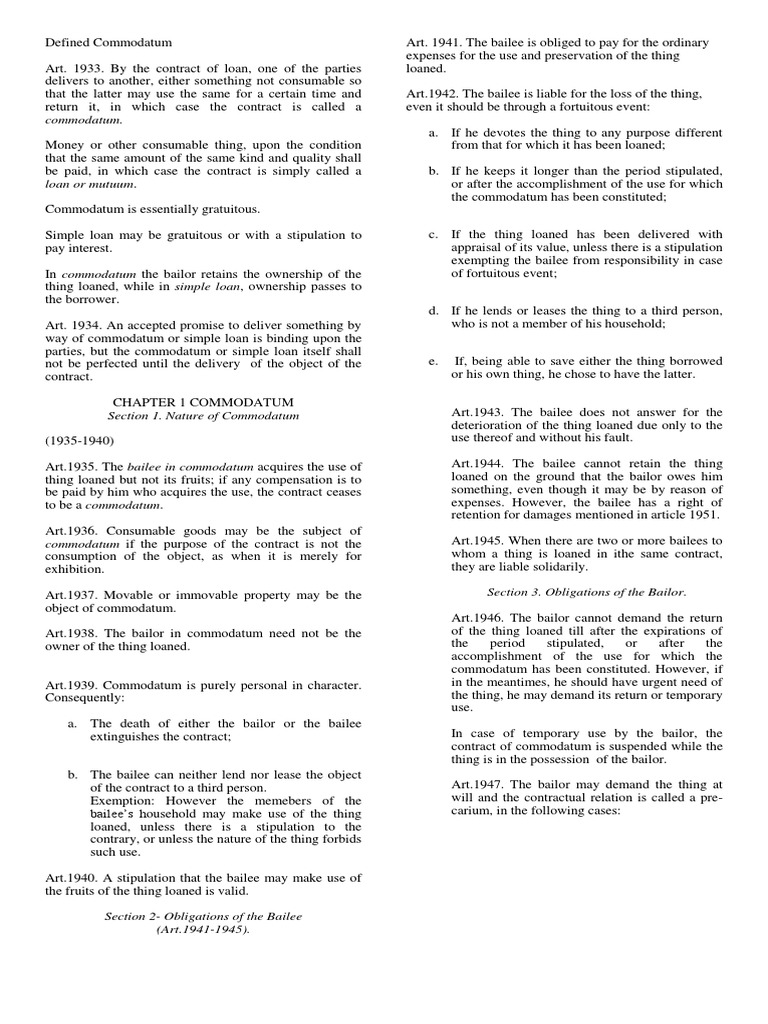 Understanding Commodatum Contracts | PDF | Loans | Virtue