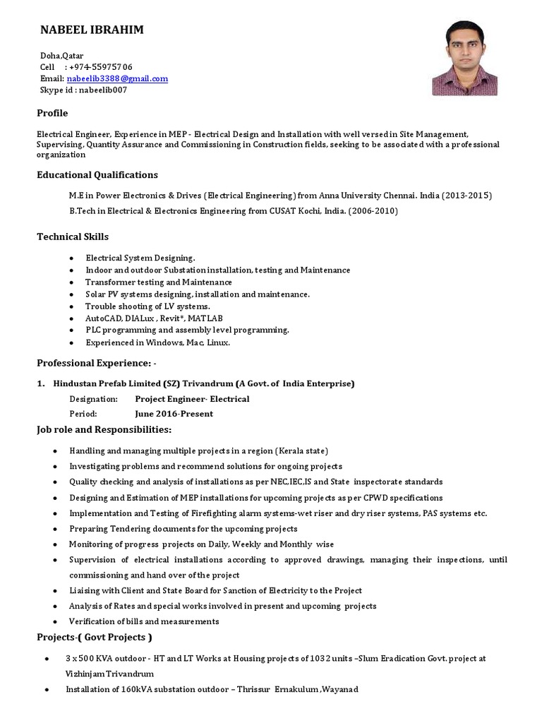 Electrical Engineer MEP Profile | PDF | Electrical Substation ...