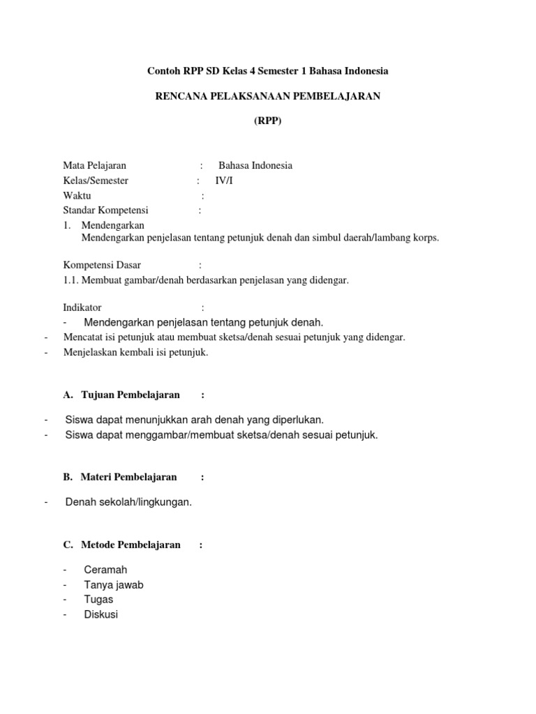 Contoh RPP SD Kelas 4 Semester 1 Bahasa Indonesia | PDF