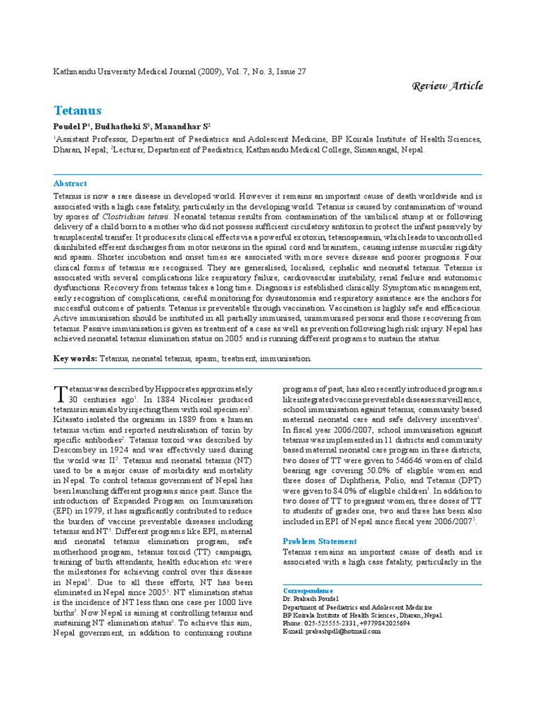 Tetanus: Review Article | PDF | Medical Specialties | Diseases And ...