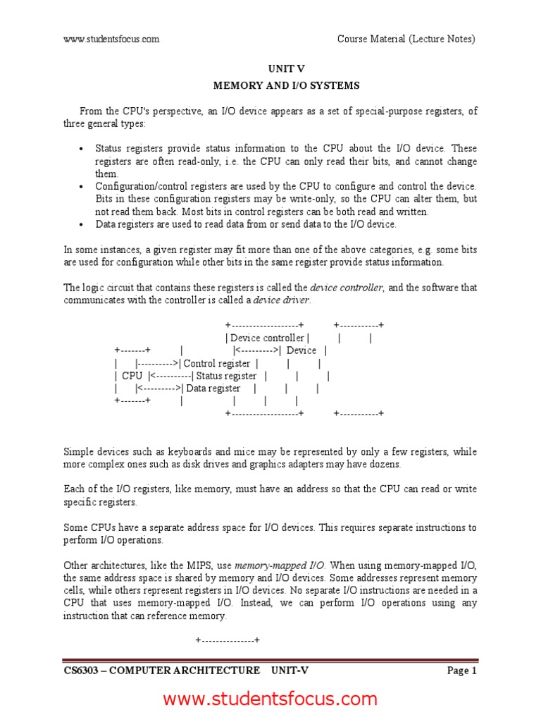 Unit V Memory and I/O Systems | PDF | Input/Output | Random Access Memory