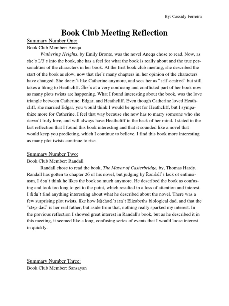 Book Club Meeting Reflection: Summary Number One | PDF | Heathcliff ...
