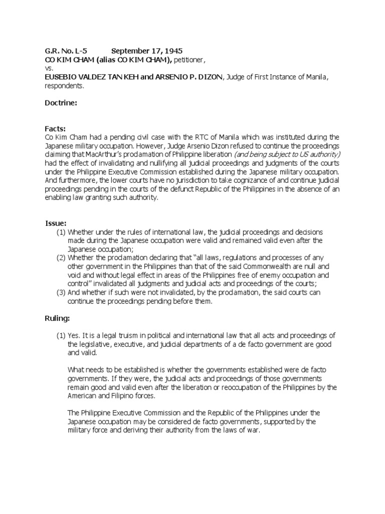 Digest Co Kim Cham v. Valdez | PDF | Sovereignty | Military Occupation