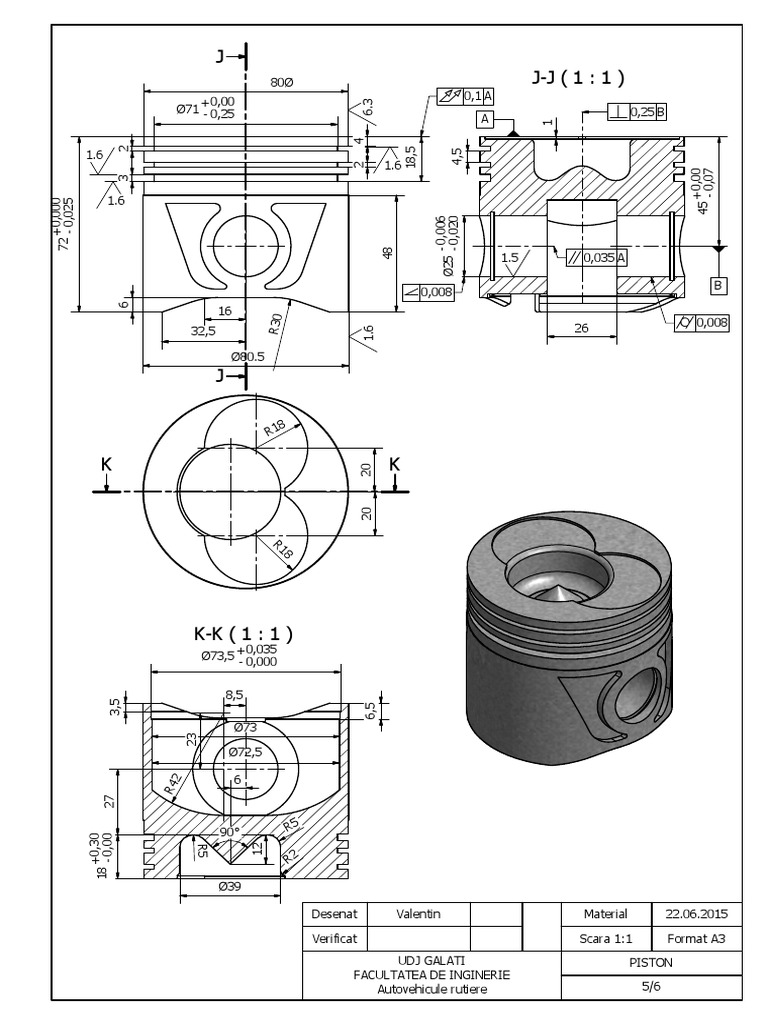 Detailed technical drawing of an automobile piston with precise ...