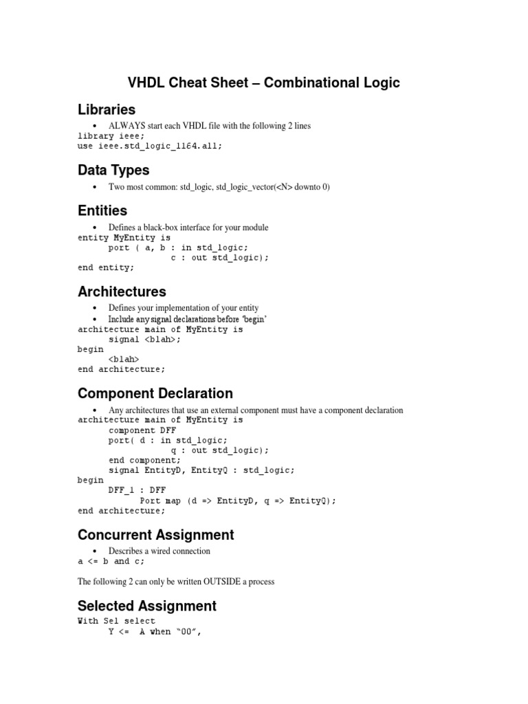 VHDL Cheat Sheet - Combinational Logic Libraries | PDF VHDL Cheat Sheet - Combinational Logic Libraries | PDF