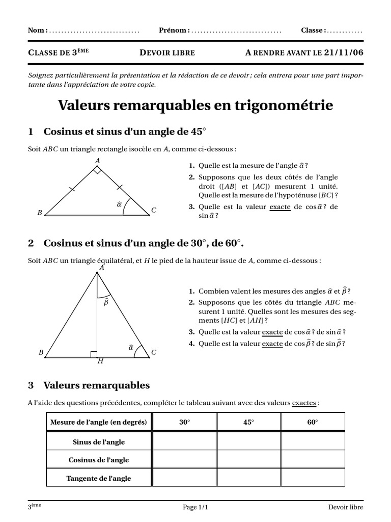 2nd Trigonomtrie Valeurs Remarquables De Cosinus Et Sinus