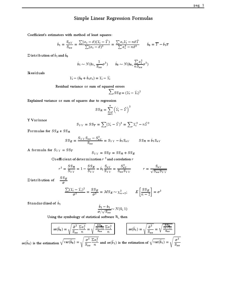 Summary of Formulas About Simple Linear Regression | PDF | Errors And Residuals | Inductive ...