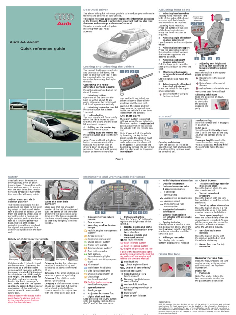 Audi A4 Avant Quick Reference Guide: Dear Audi Driver, Adjusting Front ...