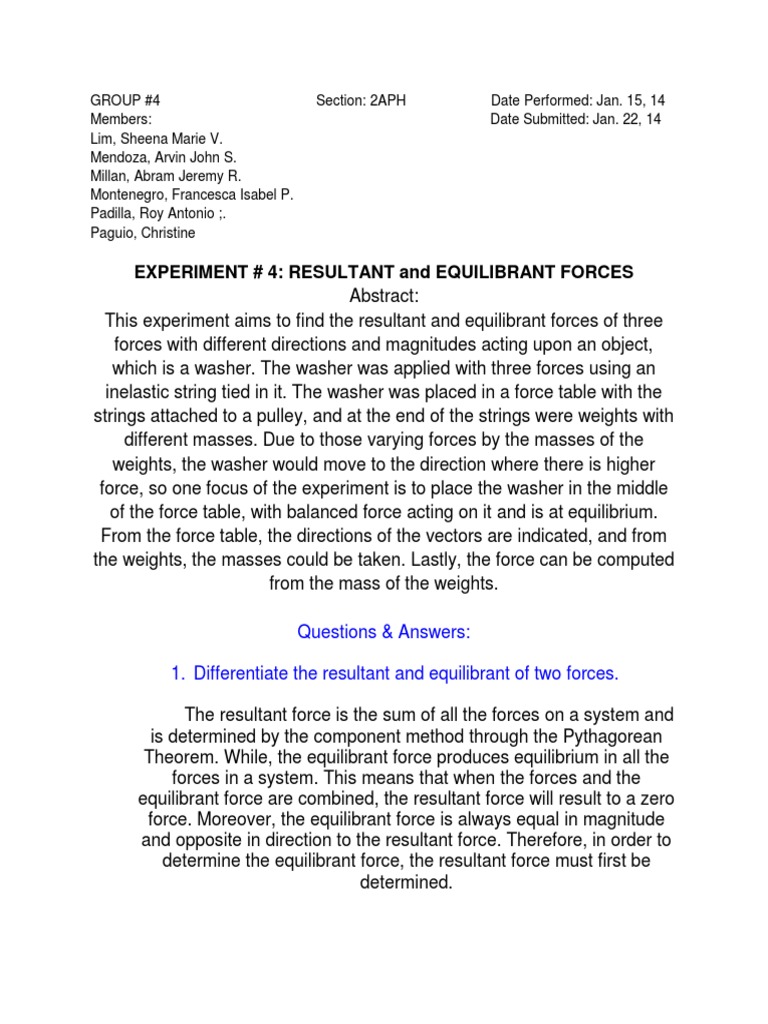 Experiment # 4: Resultant and Equilibrant Forces | PDF | Force ...