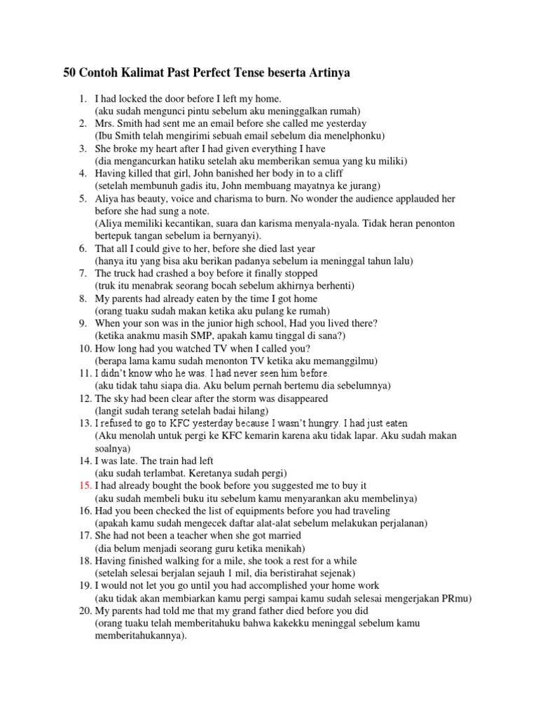 50 Contoh Kalimat Past Perfect Tense Beserta Artinya | PDF