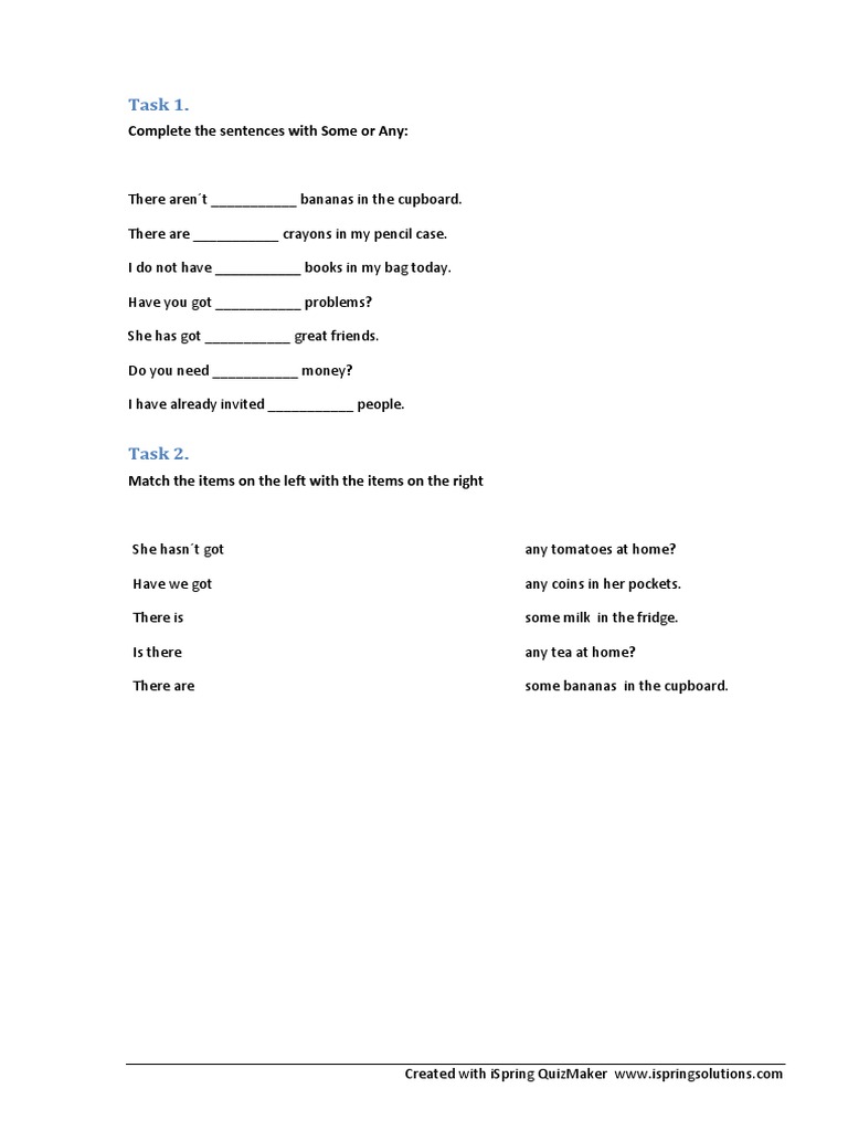 Task 1.: Complete The Sentences With Some or Any | PDF | Nature | Business