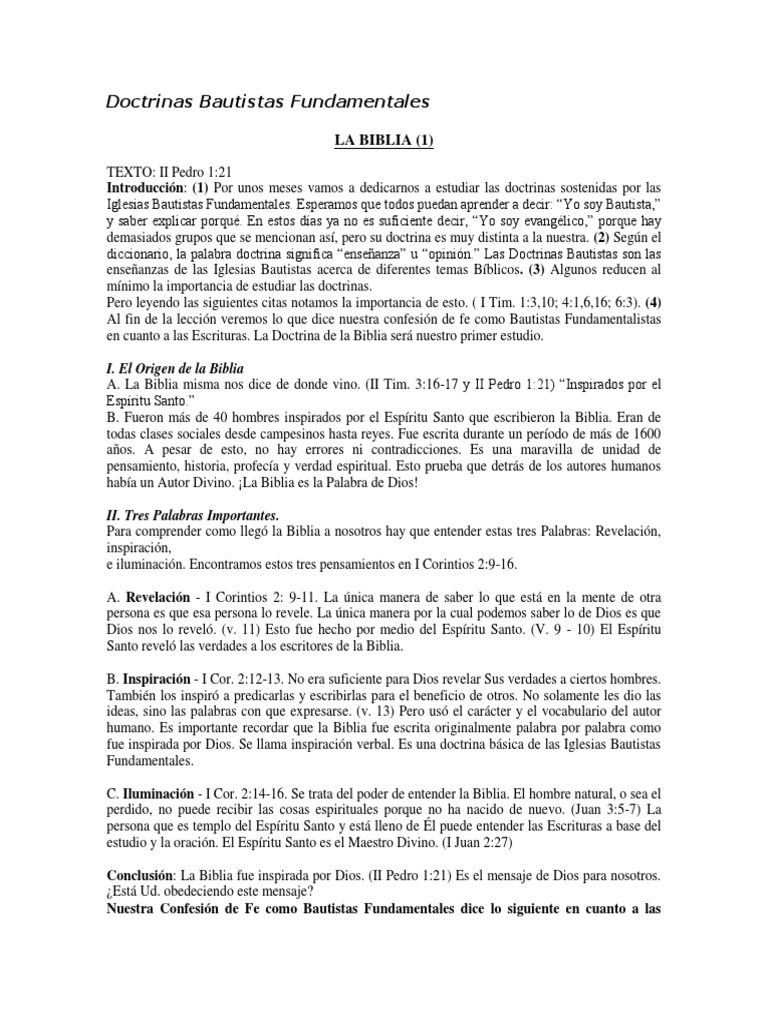Doctrinas Bautistas Fundamentales La Biblia I | PDF | Biblia | espíritu Santo