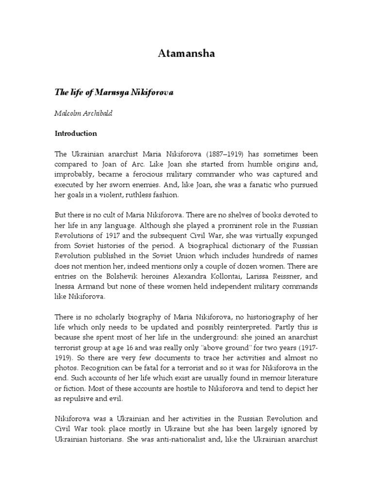 Atamansha: The Life of Marusya Nikiforova | PDF | Ukraine | Political ...