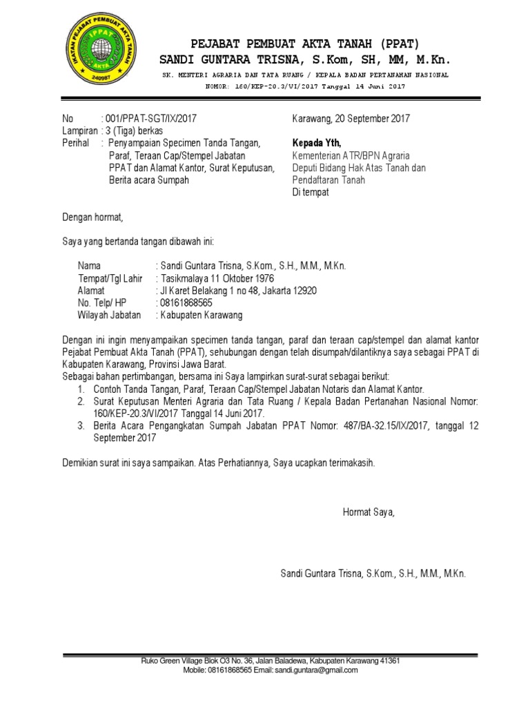 (Ppat) Surat Tembusan Pemberitahuan SK, Ba, Alamat, TTD, Paraf Dan Cap ...