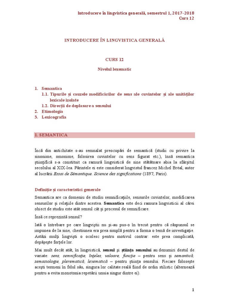 Introducere În Lingvistica Generală, Semestrul 1, 2017-2018 Curs 12 | PDF