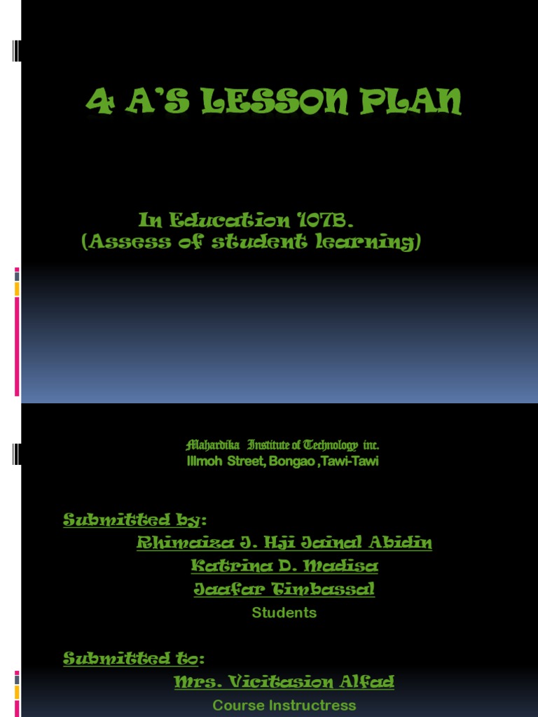 4 A'S Lesson Plan: in Education 107B. (Assess of Student Learning ...