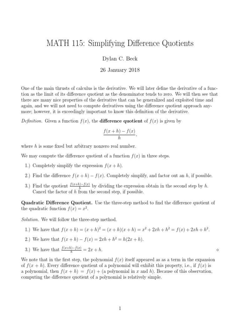 Simplifying Difference Quotients in Calculus | PDF | Derivative ...
