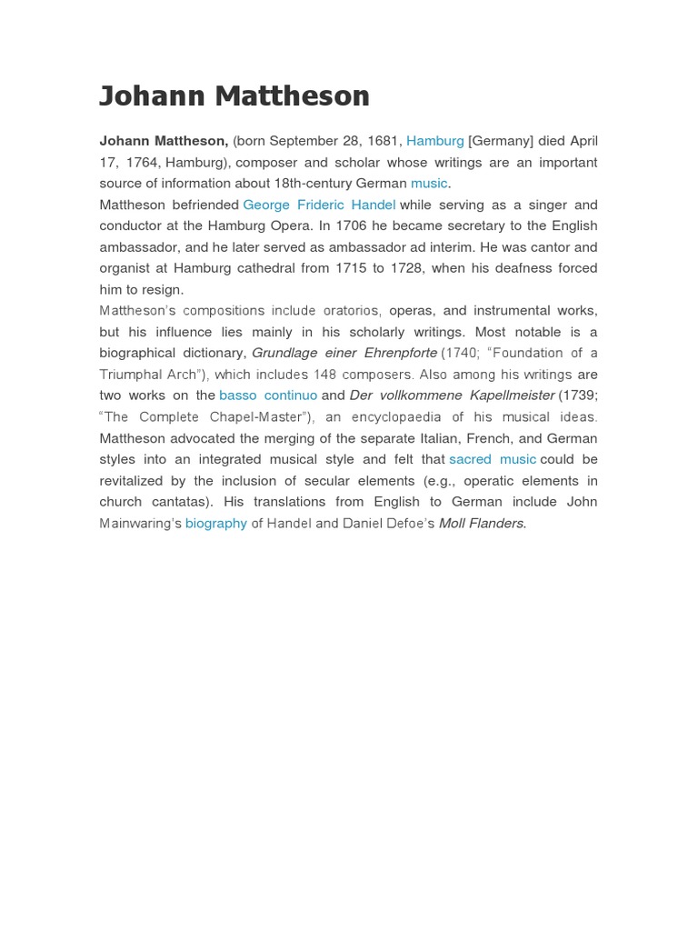 Johann Mattheson Britannica | PDF