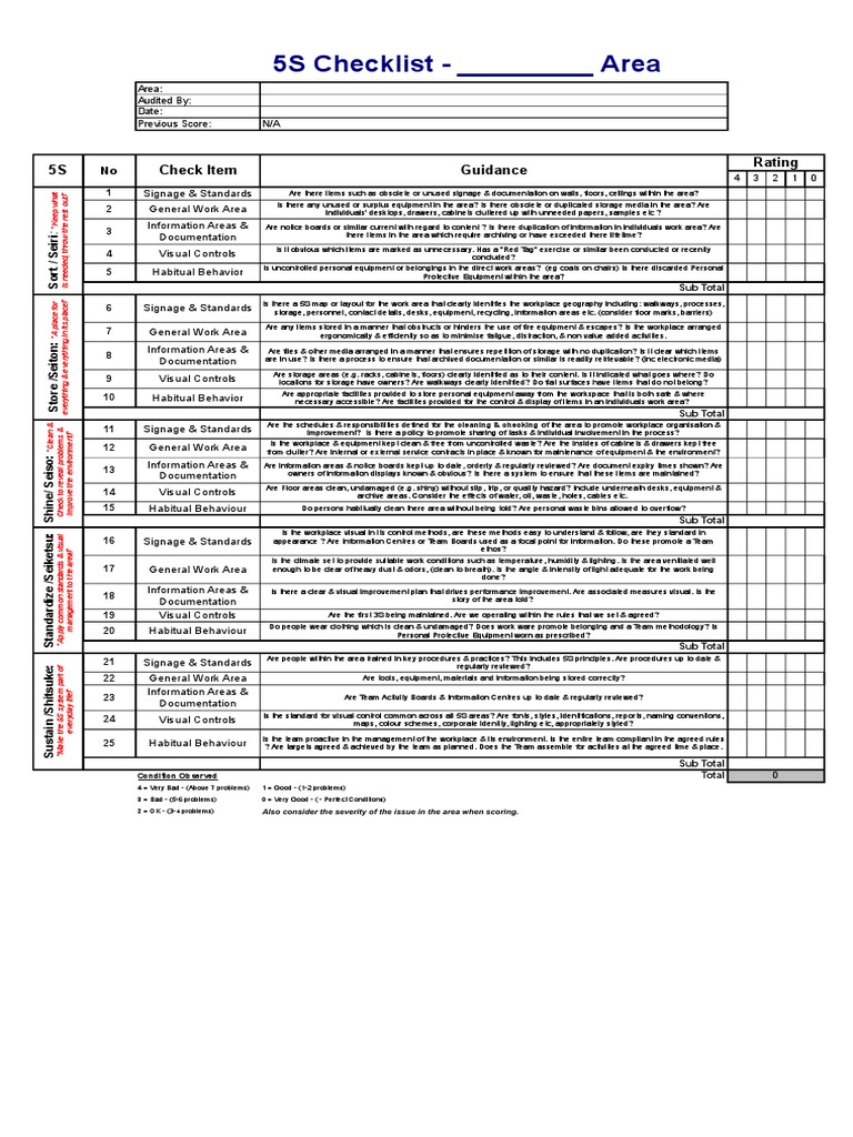 5S Checklist - Area: 5S Check Item Guidance Rating | PDF | Information ...