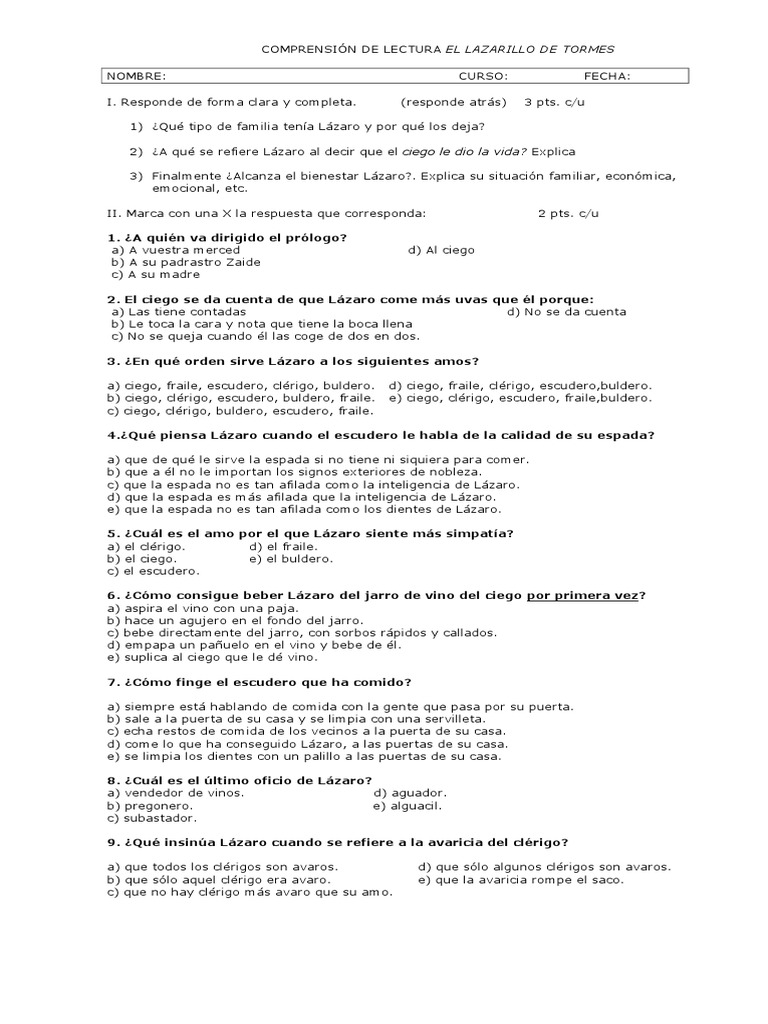 Comprension de Lectura El Lazarillo de Tormes | PDF | Ocio