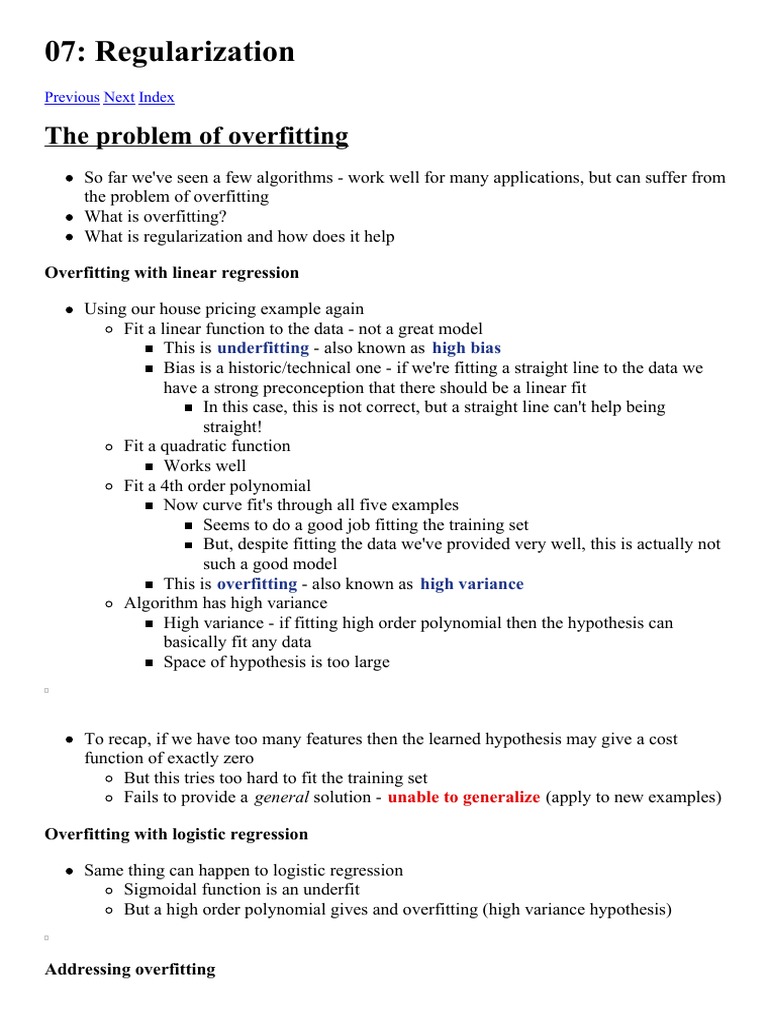 07: Regularization: The Problem of Overfitting | PDF | Loss Function | Regression Analysis