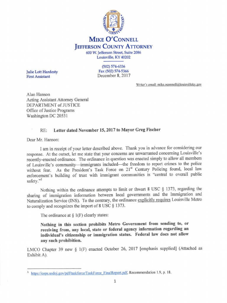 O'Connell Letter To DoJ | PDF | United States Code | Jurisdiction