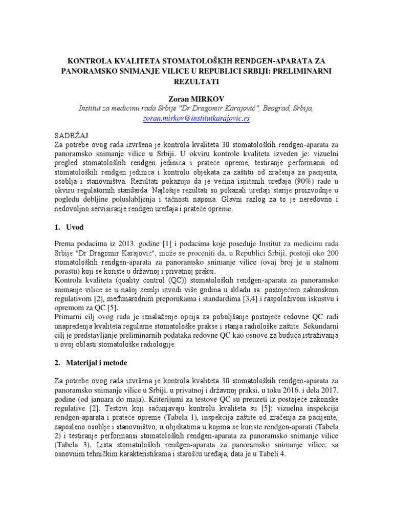 Kontrola Kvaliteta Stomatoloških Rendgen-Aparata Za Panoramsko Snimanje Vilice | PDF