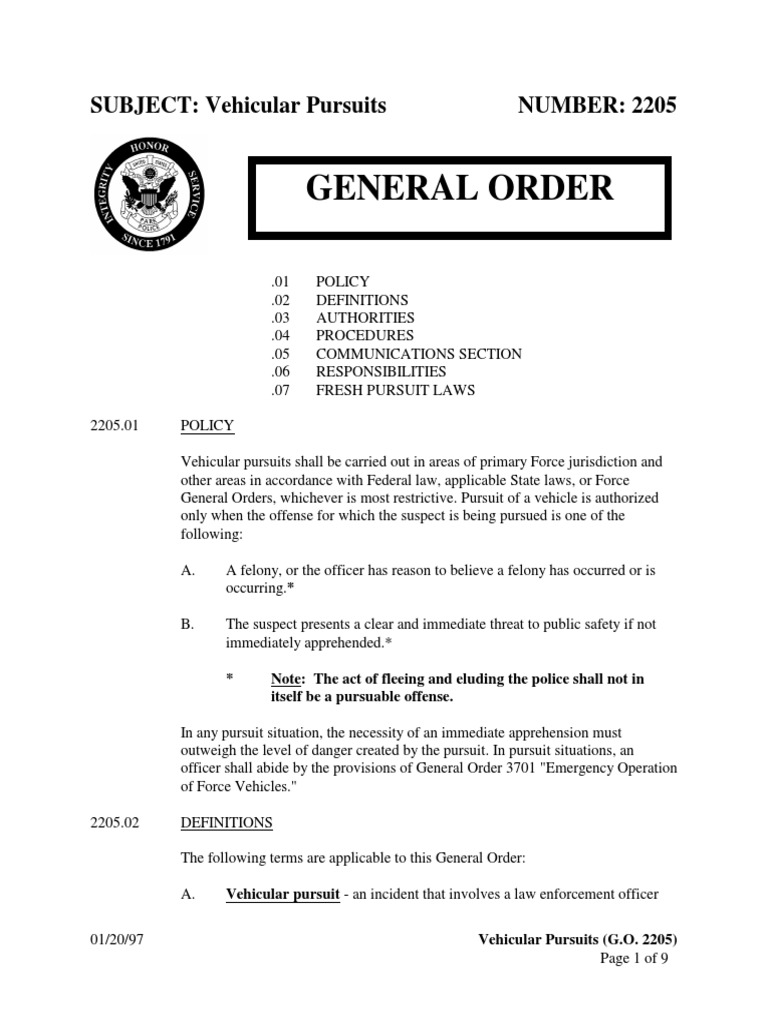 US Park Police - General Order On Vehicular Pursuits | Arrest | Arrest ...