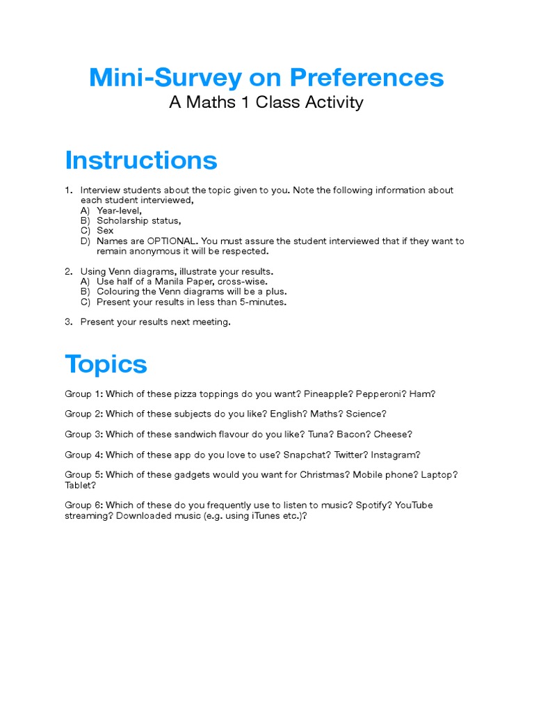 Mini-Survey On Preferences Instructions: A Maths 1 Class Activity | PDF ...