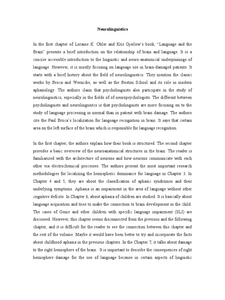 An Introduction to the Relationship Between Language and the Brain: A Summary of Loraine K ...