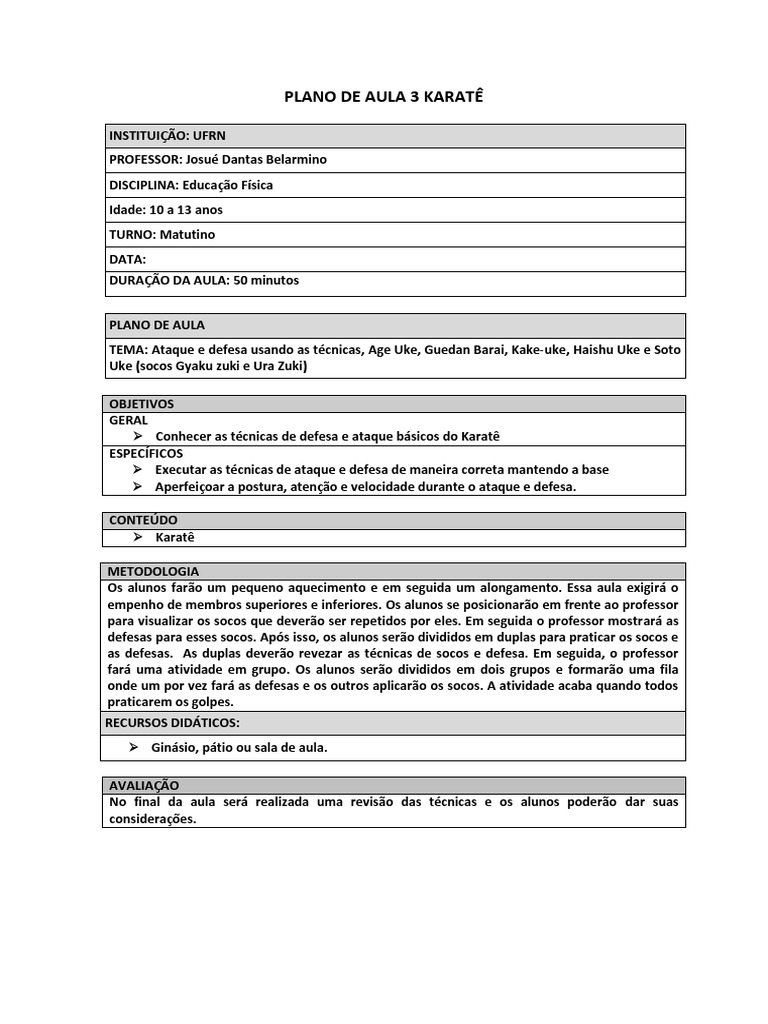 Plano de Aula: Técnicas de Karatê | PDF | Karatê | Lição