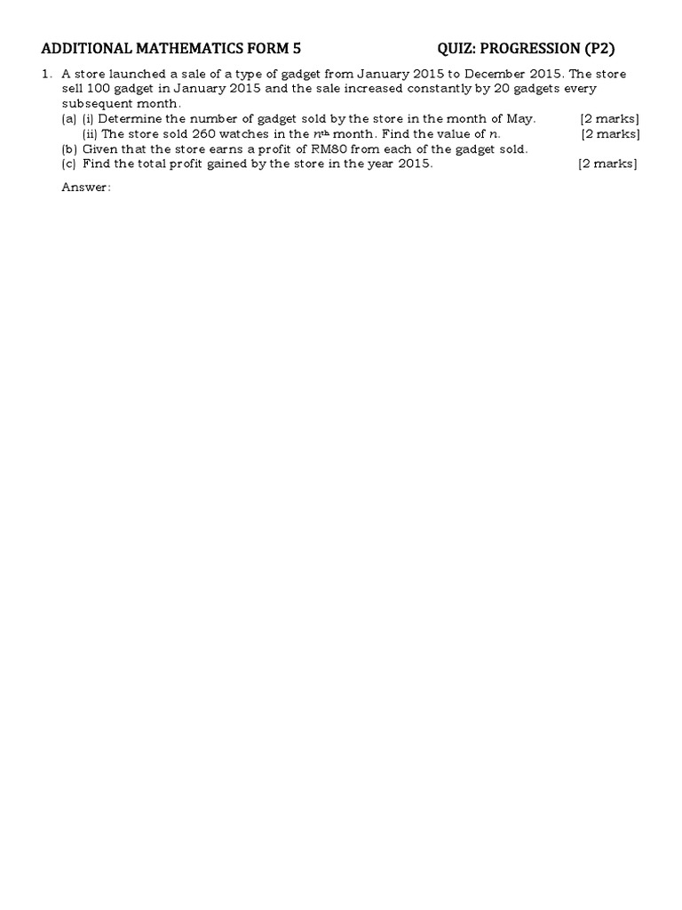 Additional Mathematics Form 5 Quiz: Progression (P2) | PDF