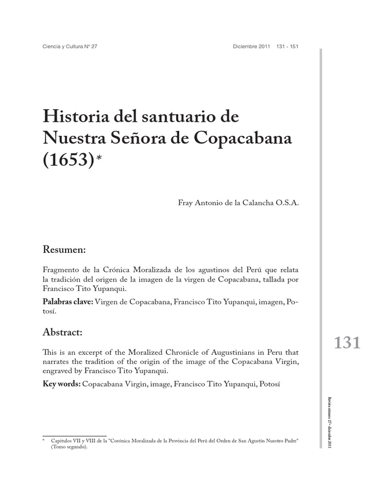 Historia del origen de la imagen de la Virgen de Copacabana según Antonio de la Calancha | PDF ...