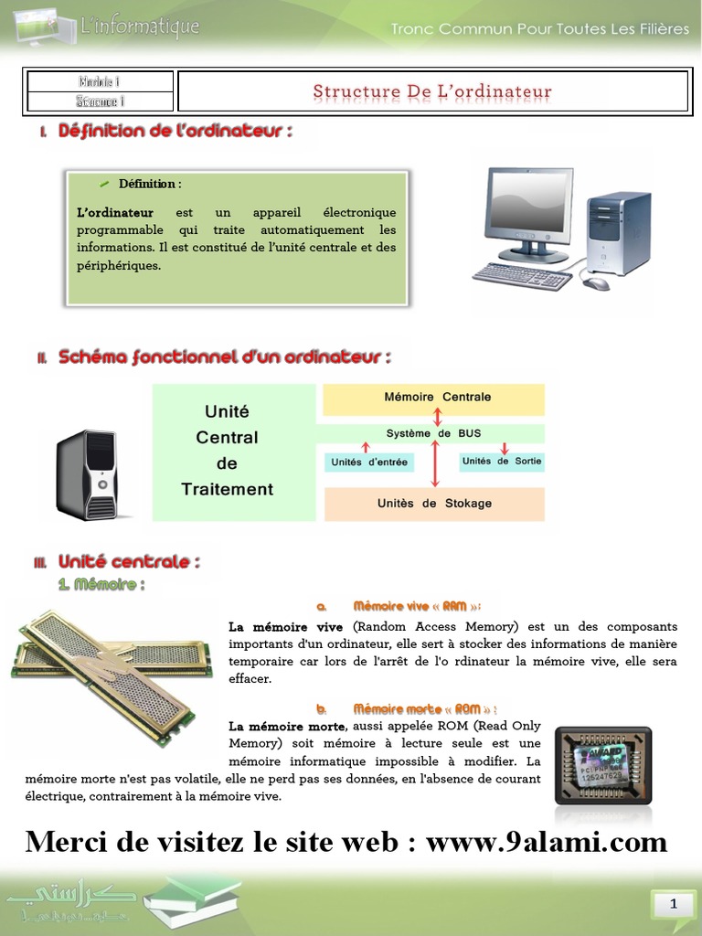 Structure de Base D Un Ordinateur Cours Dinformatique Tronc Commun PDF | PDF | Mémoire ...